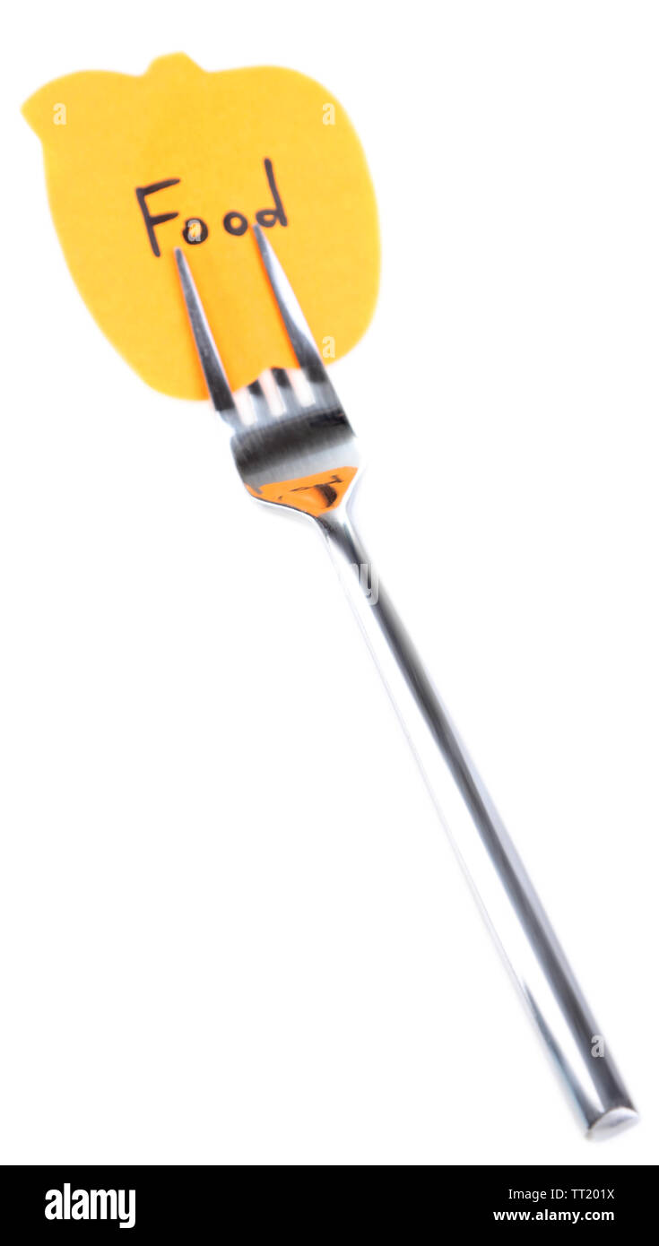Note paper with message attached to fork, isolated on white Stock Photo ...