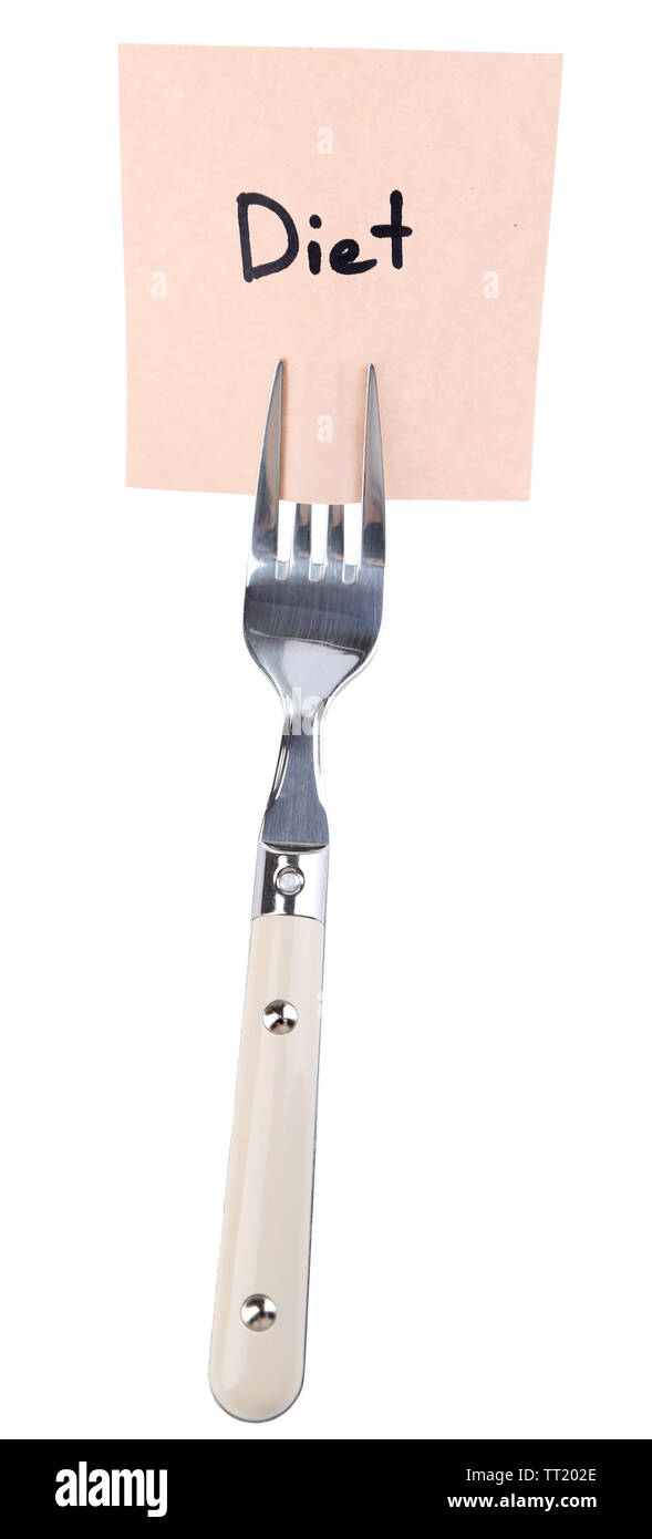 Note paper with message attached to fork, isolated on white Stock Photo ...