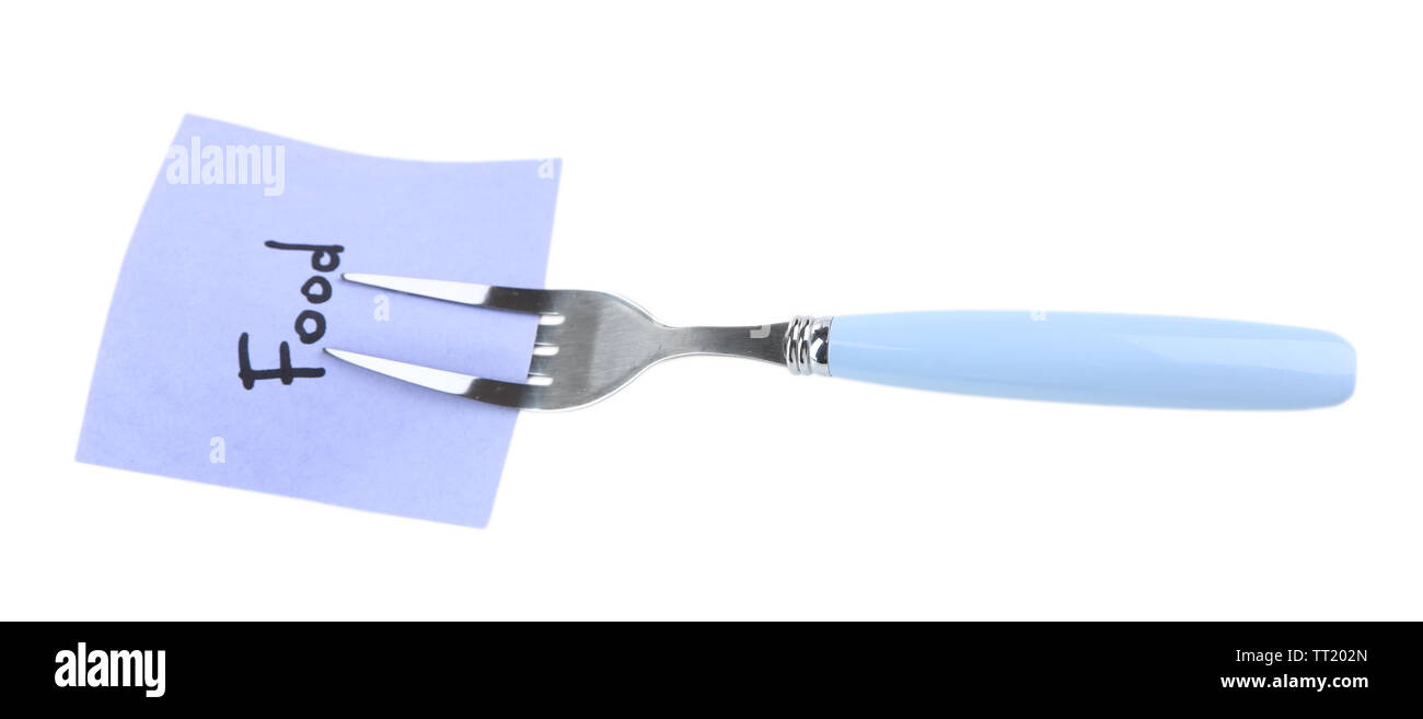 Note paper with message attached to fork, isolated on white Stock Photo ...