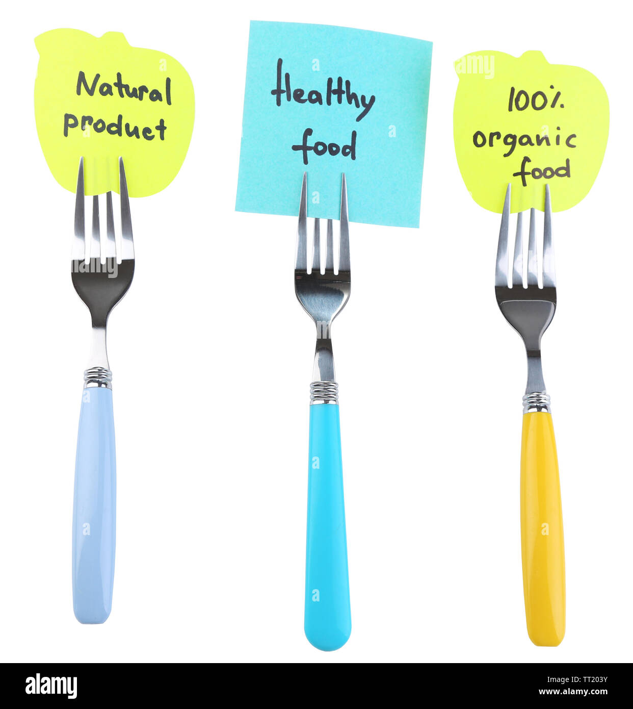 Note papers with messages attached to forks, isolated on white Stock ...