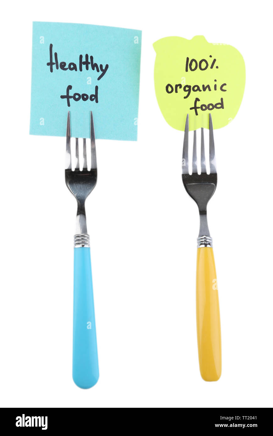 Note papers with messages attached to forks, isolated on white Stock ...