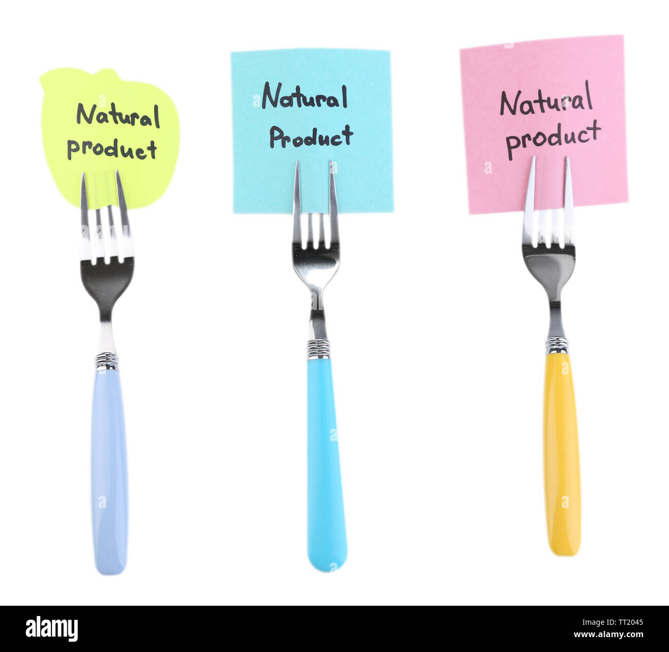 Note papers with messages attached to forks, isolated on white Stock ...