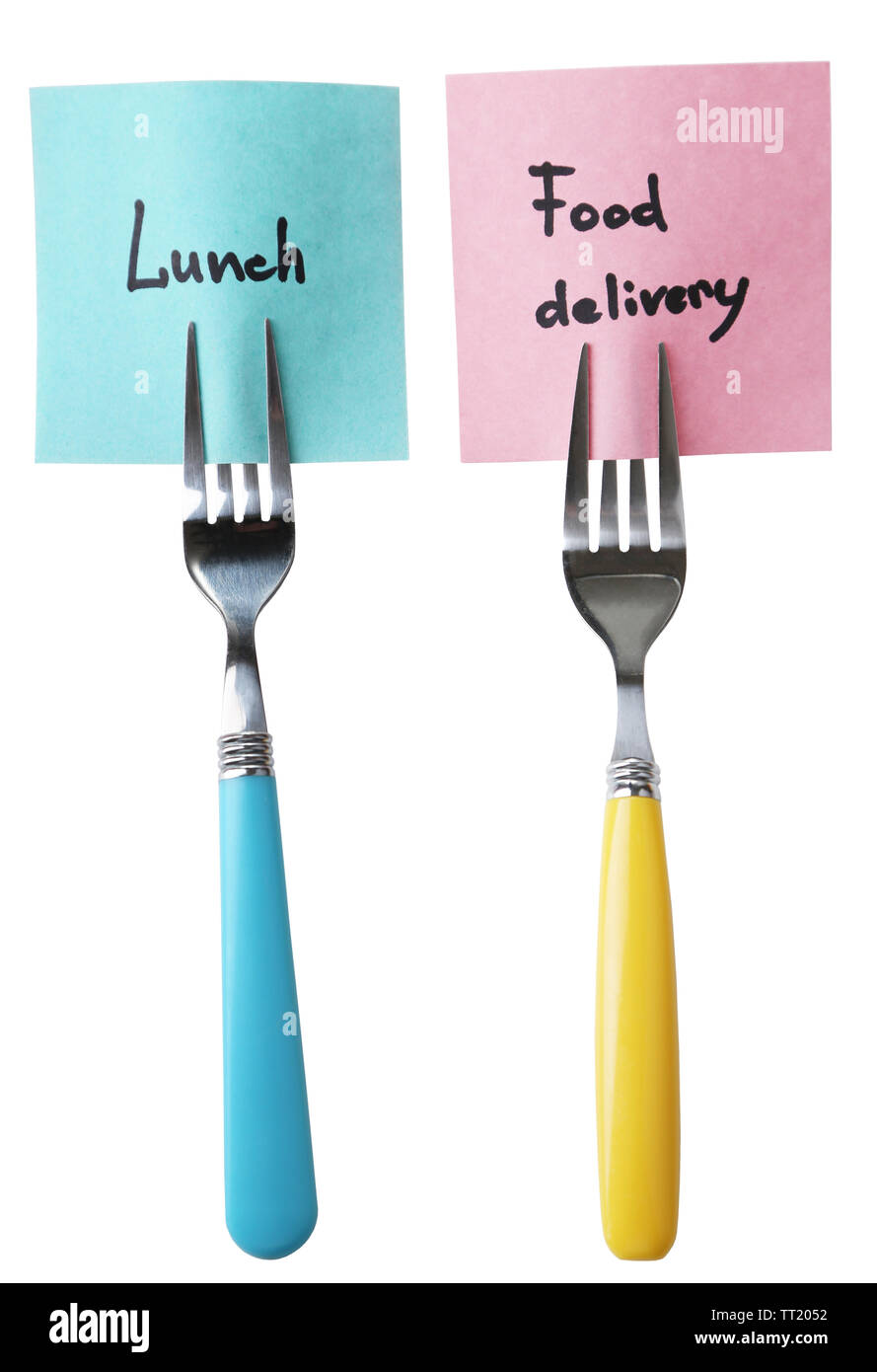 Note papers with messages attached to forks, isolated on white Stock ...