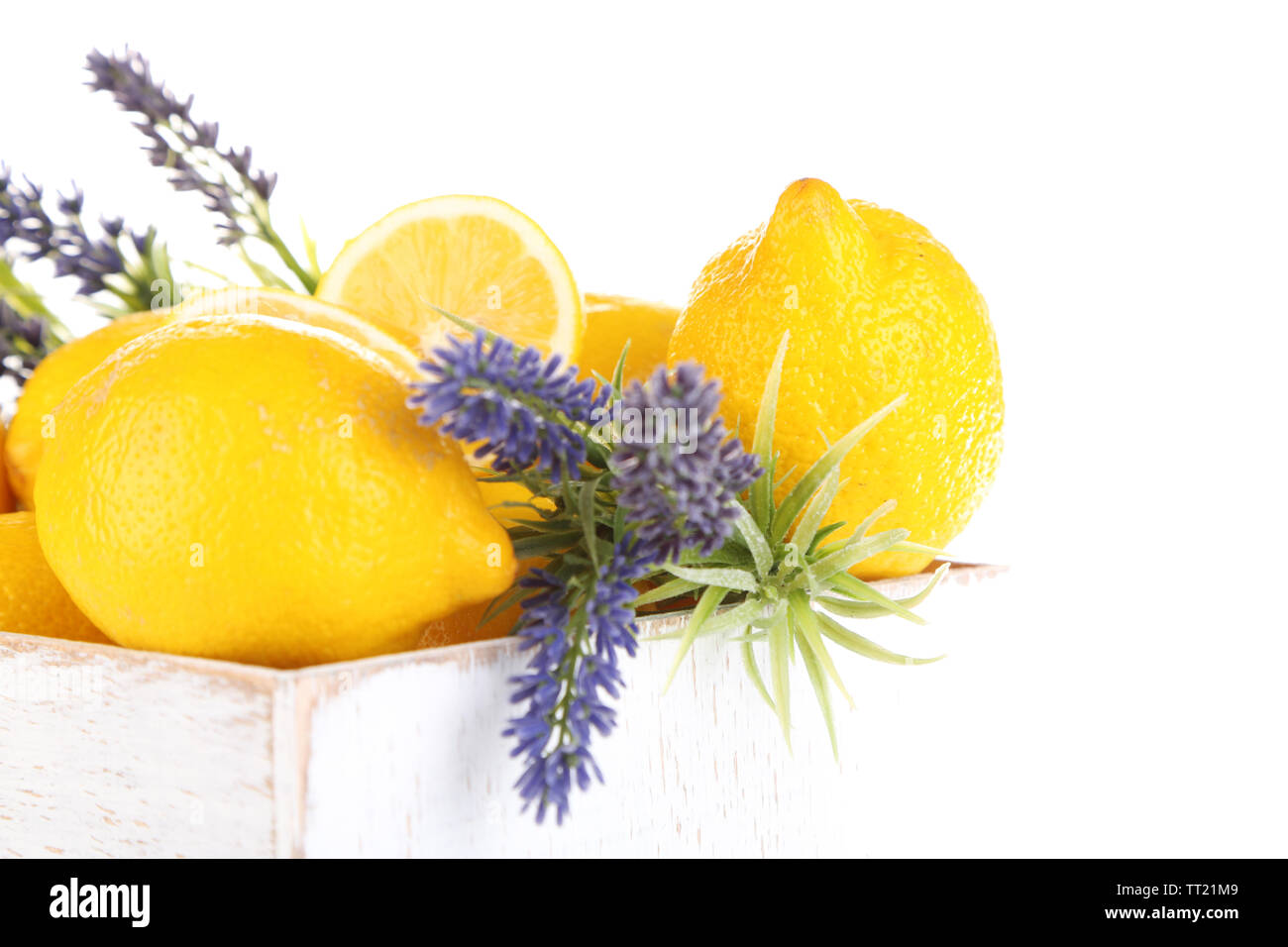 Still life with fresh lemons and lavender, isolated on white Stock ...
