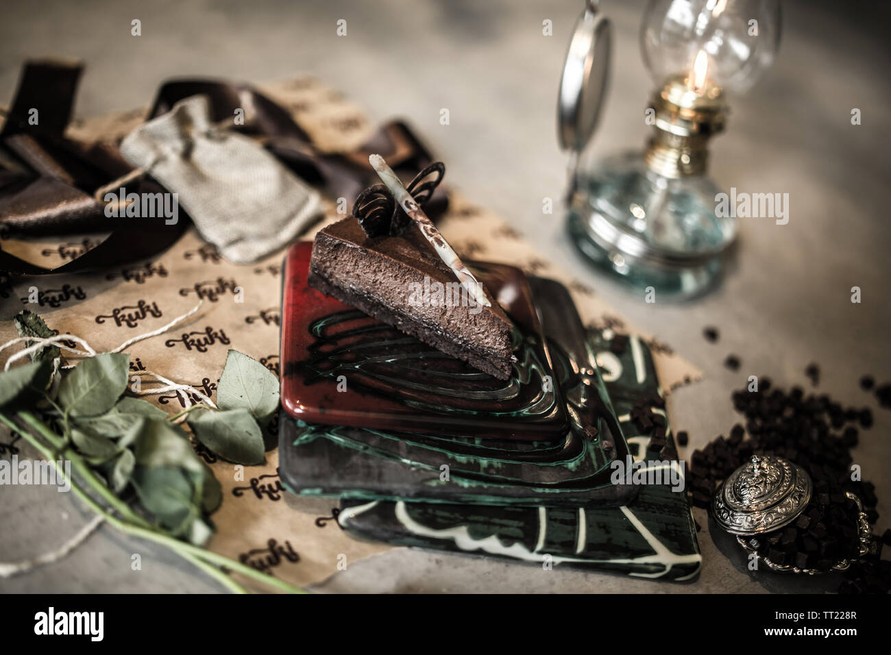 chocolate cake with rose romantic dessert for valentines day Stock ...