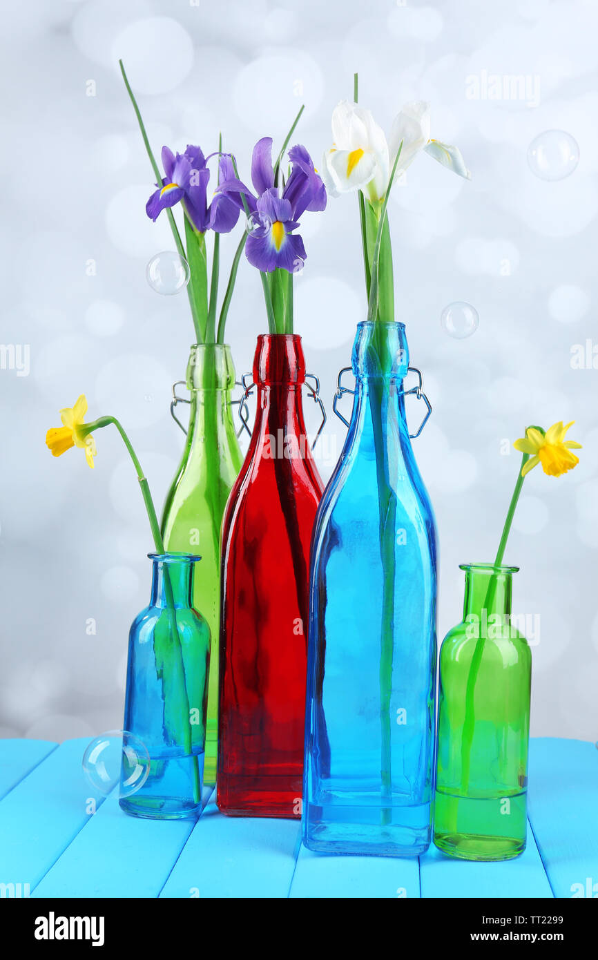 Beautiful irises and daffodils in bottles, on light background Stock ...