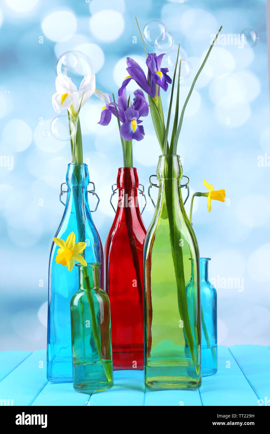 Beautiful irises and daffodils in bottles, on light background Stock ...
