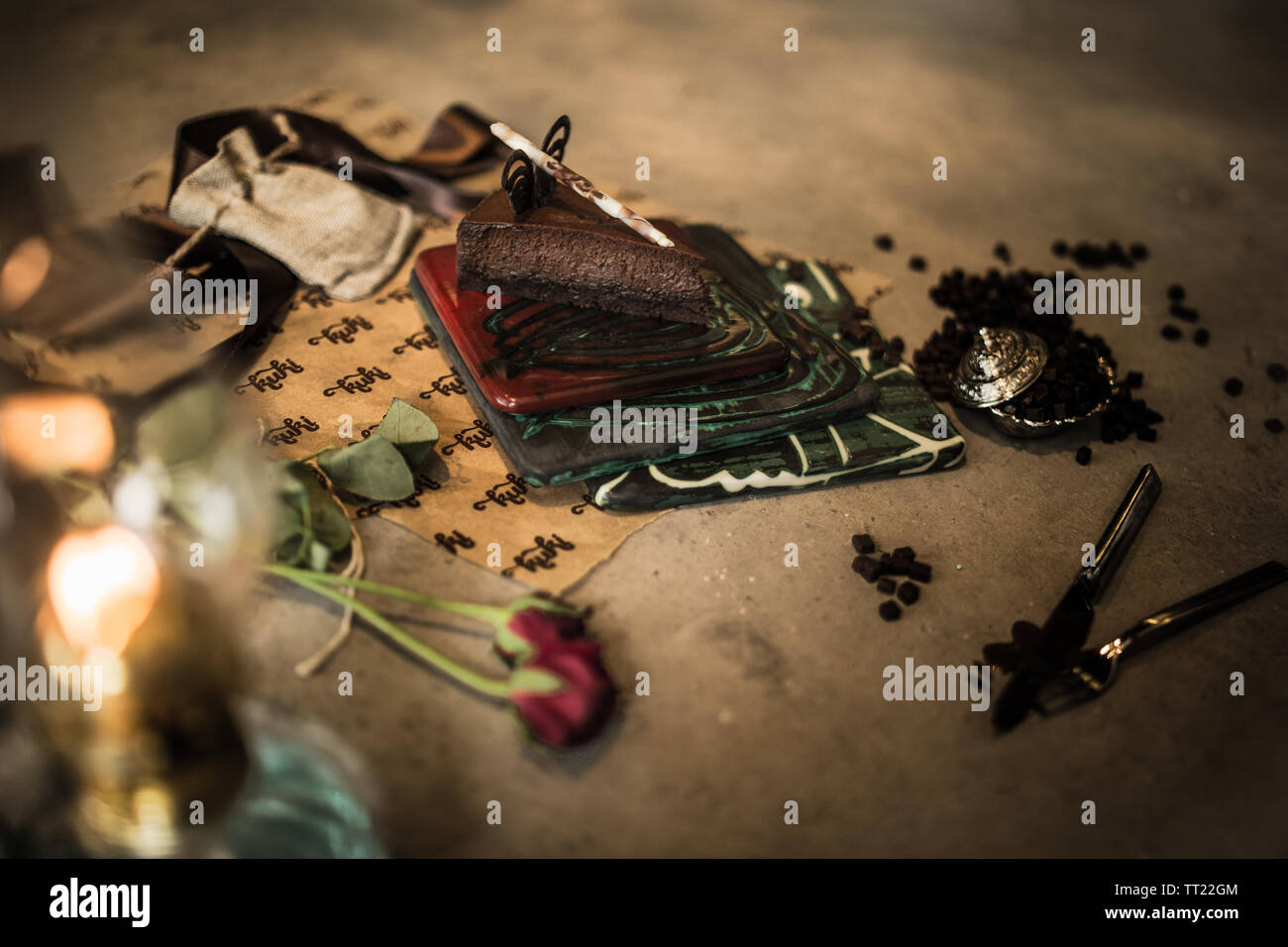 chocolate cake with rose romantic dessert for valentines day Stock ...