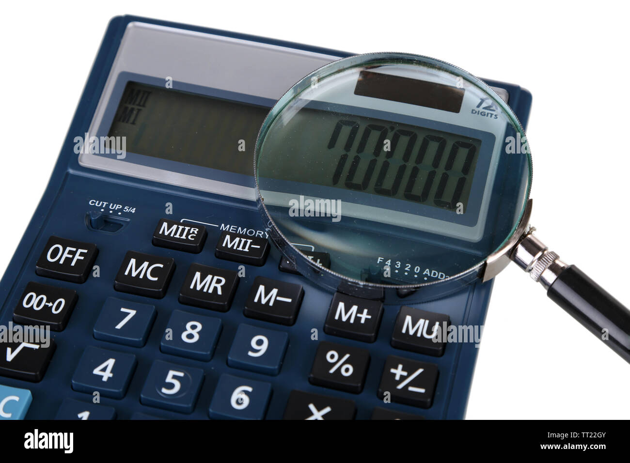 Fraud concept with magnifier and calculator, isolated on white Stock ...