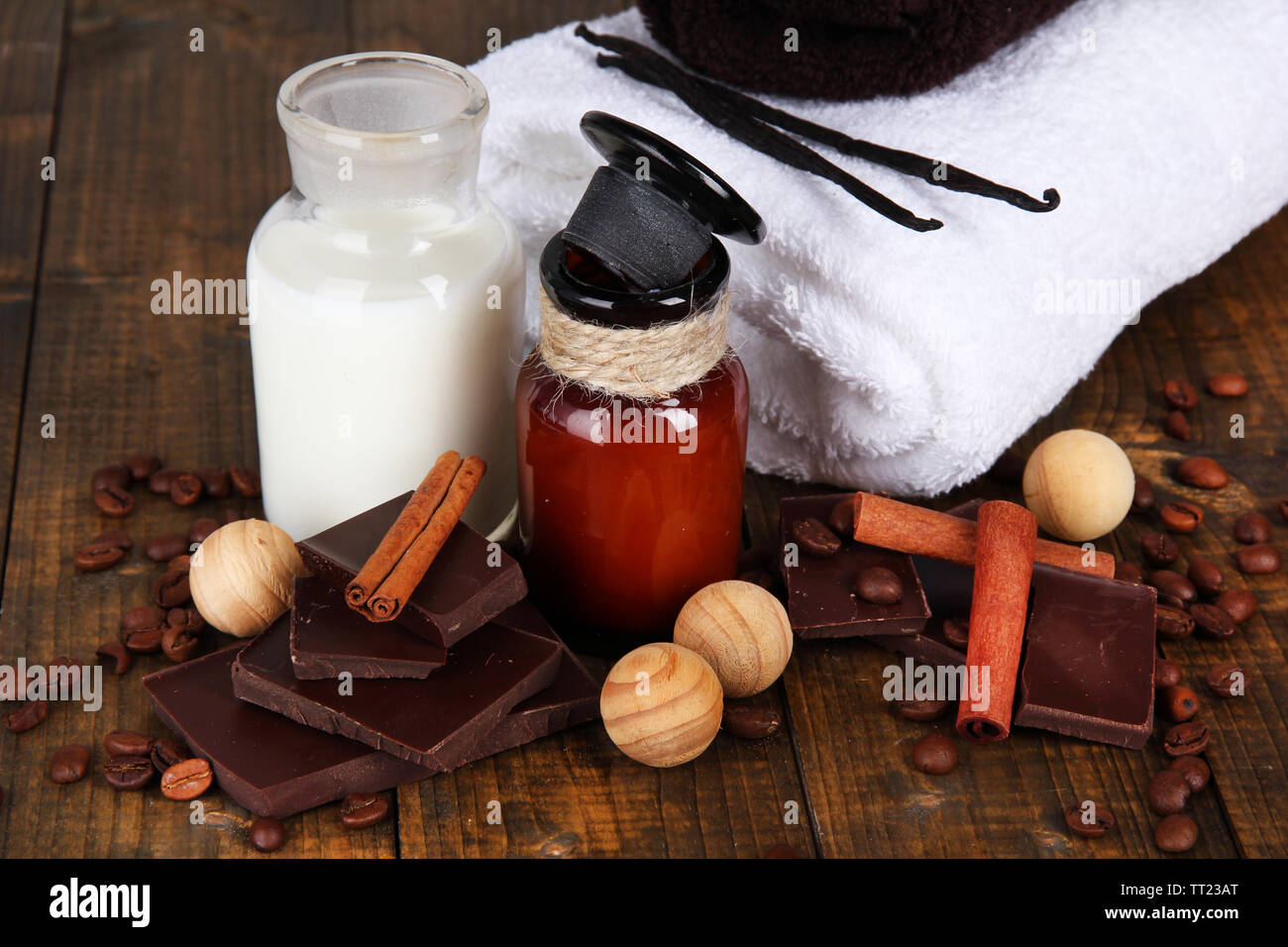 Beautiful chocolate spa setting on wooden table close-up Stock Photo ...
