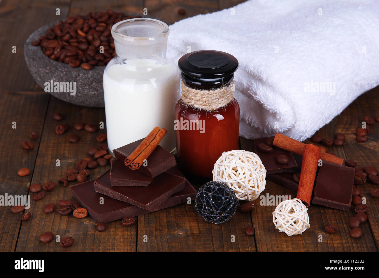 Beautiful chocolate spa setting on wooden table close-up Stock Photo ...