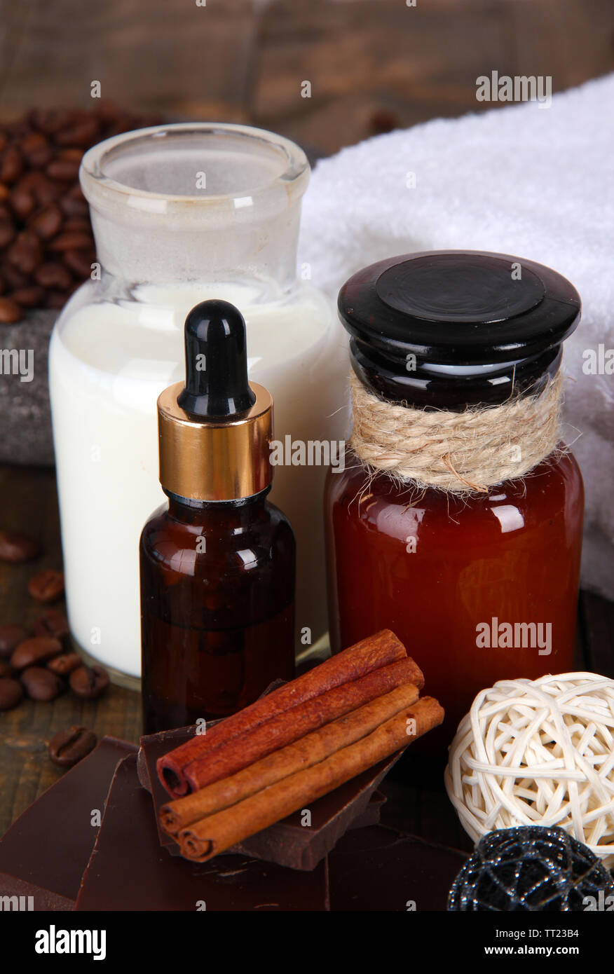 Beautiful chocolate spa setting on wooden table close-up Stock Photo ...