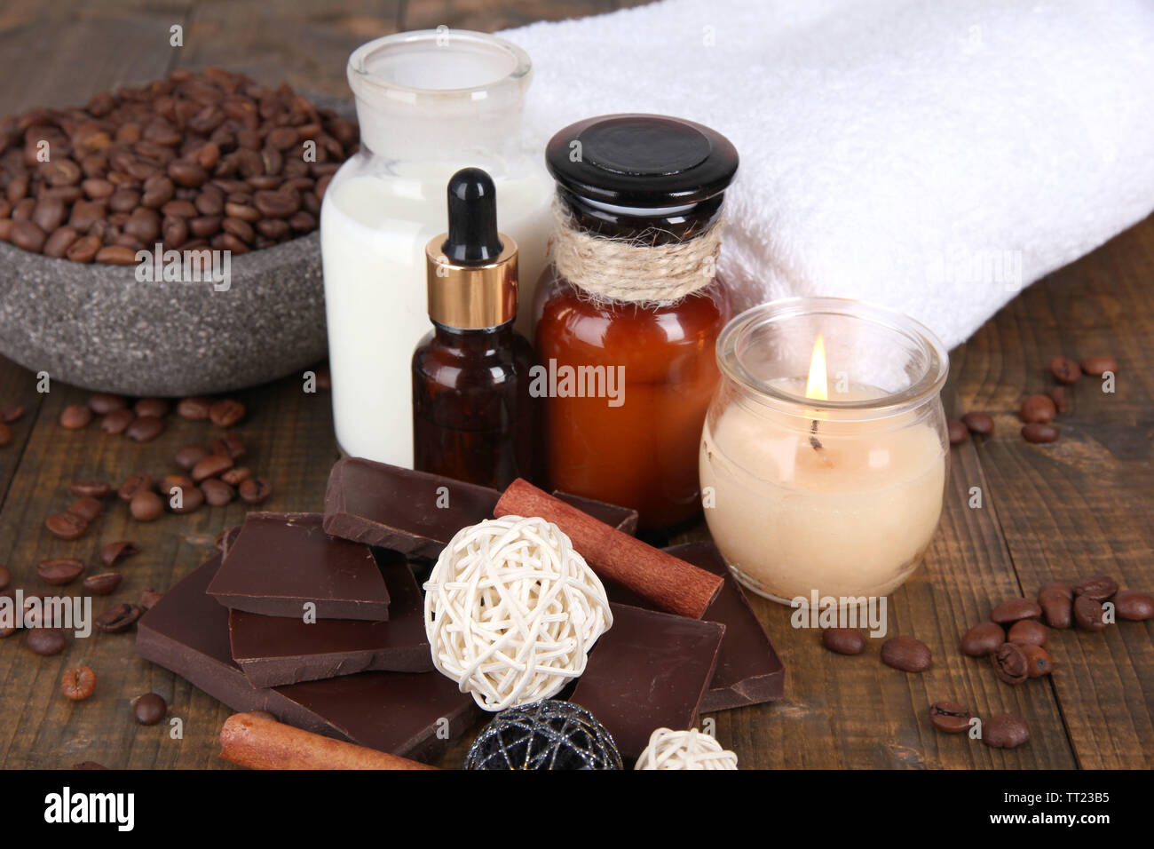 Beautiful chocolate spa setting on wooden table close-up Stock Photo ...
