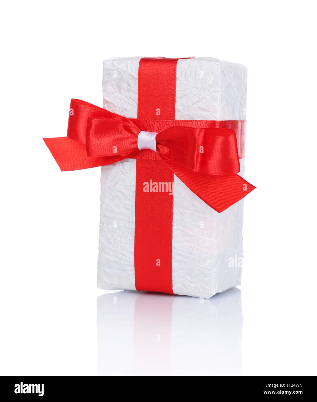 Beautiful gift with red ribbon, isolated on white Stock Photo - Alamy