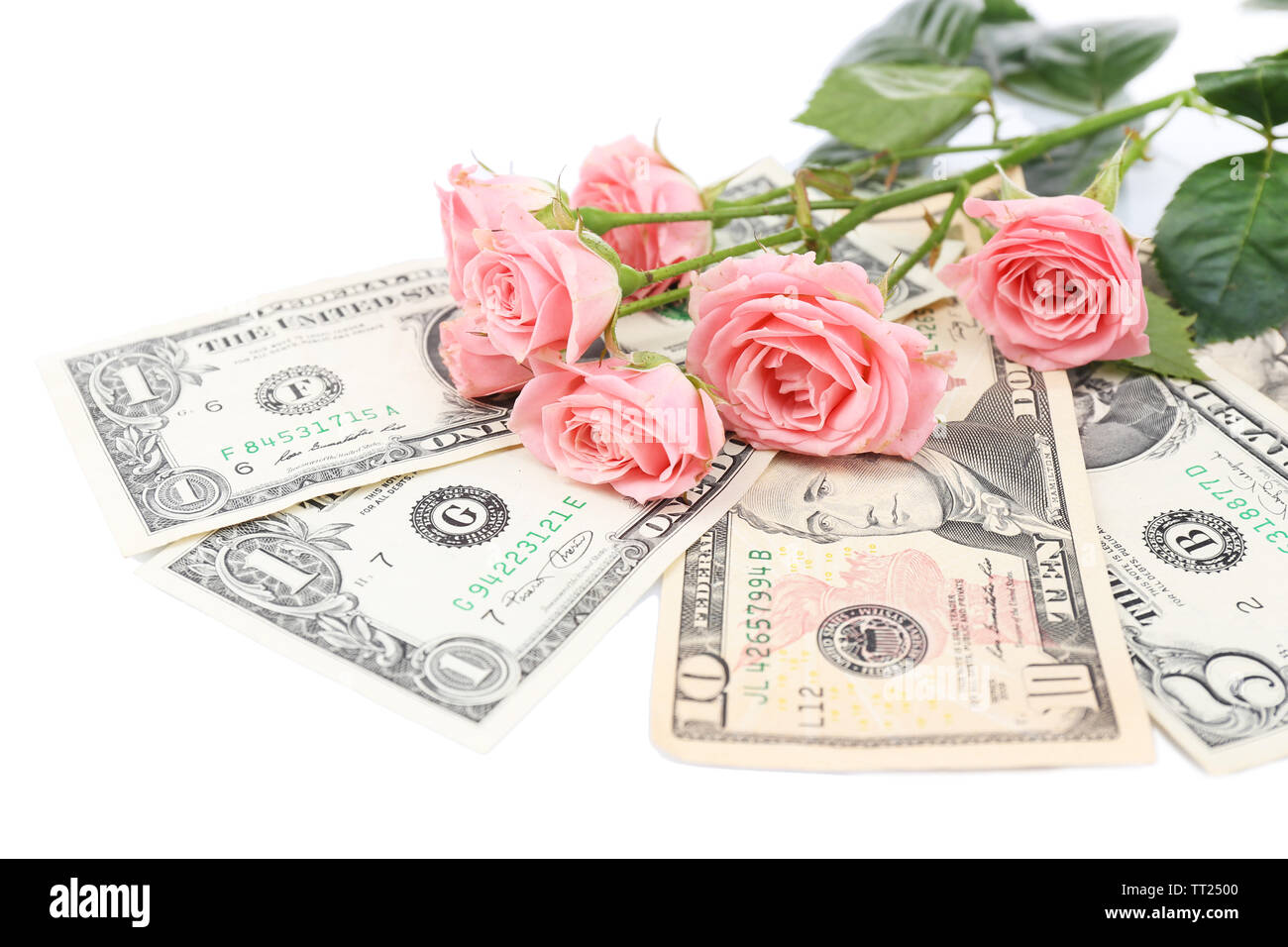 Beautiful roses and money, isolated on white Stock Photo - Alamy