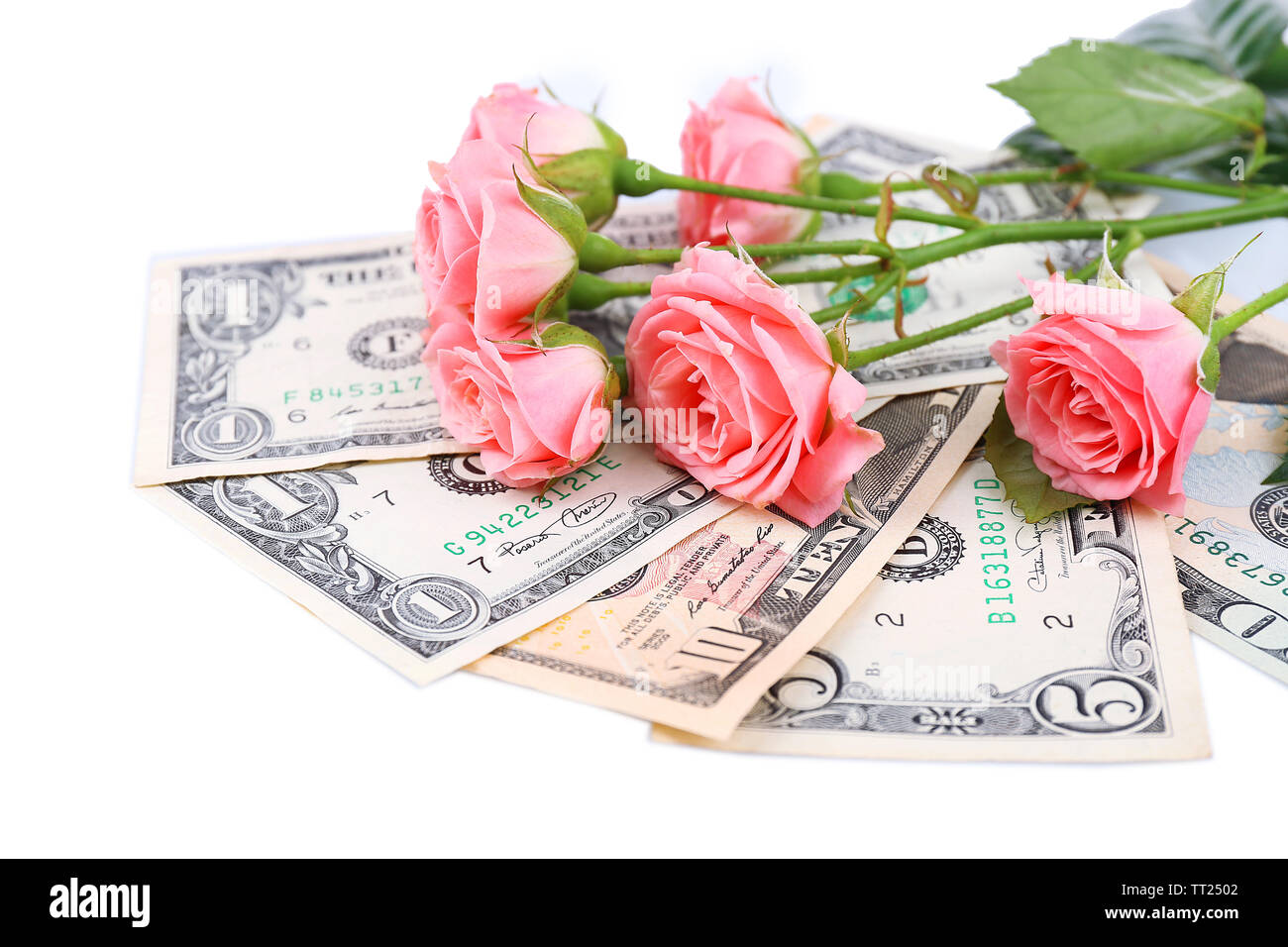 Beautiful roses and money, isolated on white Stock Photo - Alamy