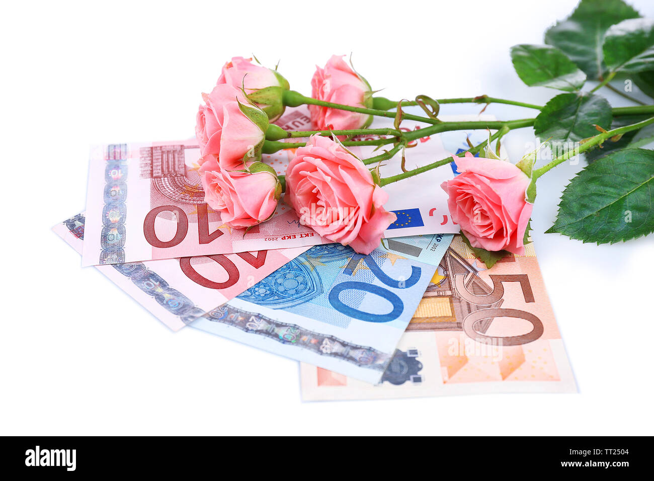 Beautiful roses and money, isolated on white Stock Photo - Alamy