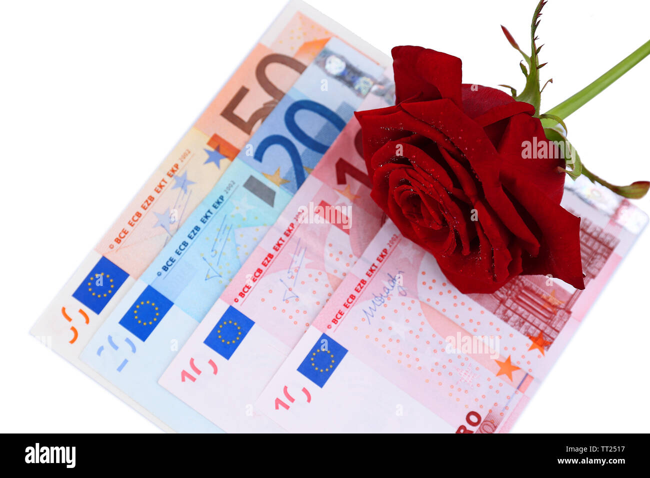 Beautiful rose and money, isolated on white Stock Photo - Alamy
