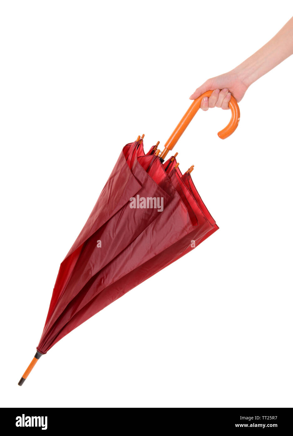 Red Umbrella in hand isolated on white Stock Photo - Alamy