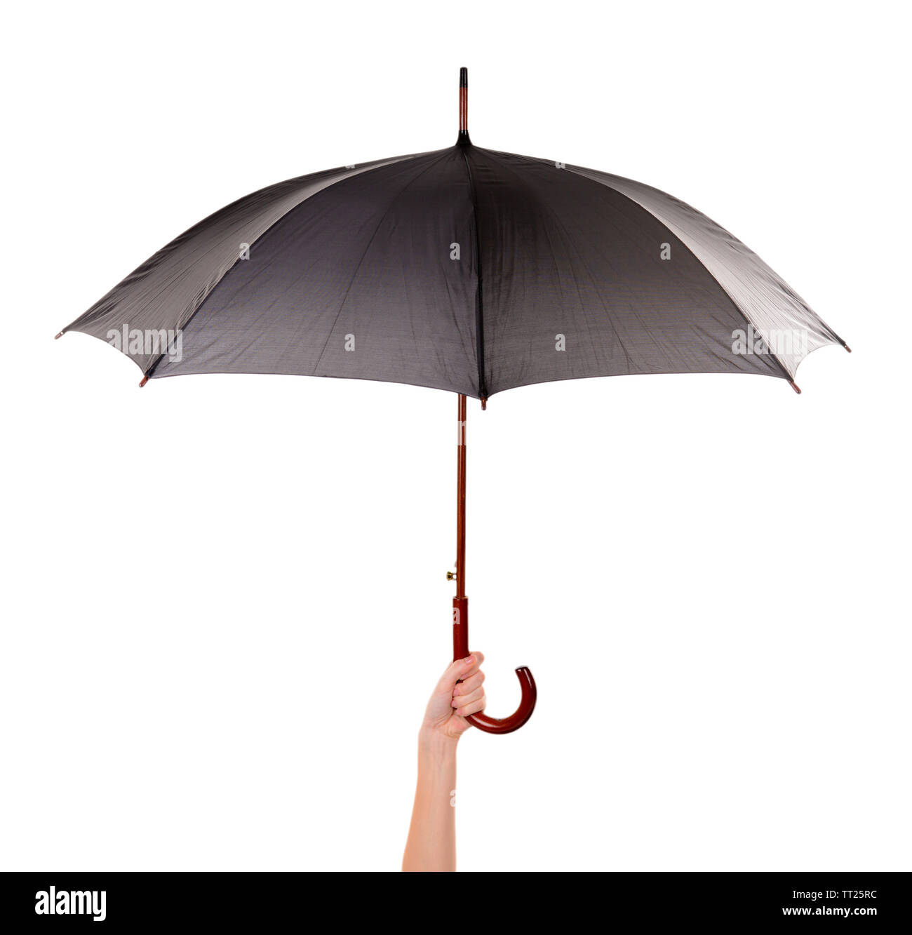 Black Umbrella in hand isolated on white Stock Photo - Alamy