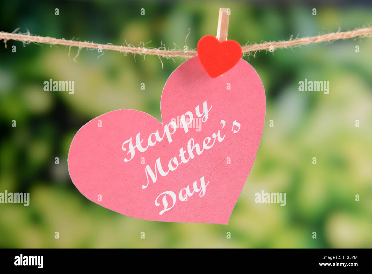 Happy Mothers Day message written on paper heart with flowers on bright ...