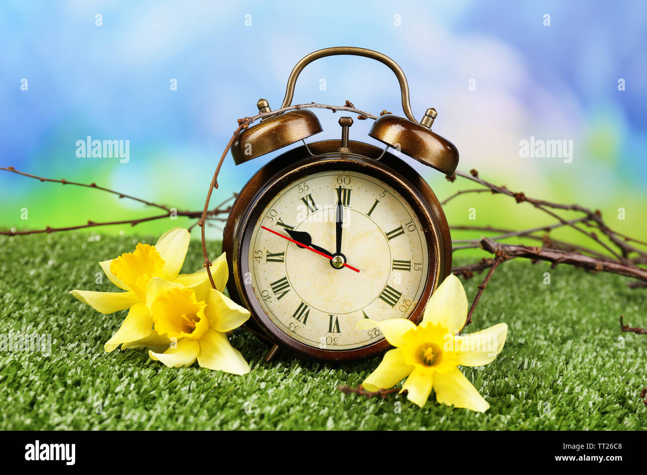 Alarm clock on green grass, on nature background Stock Photo - Alamy