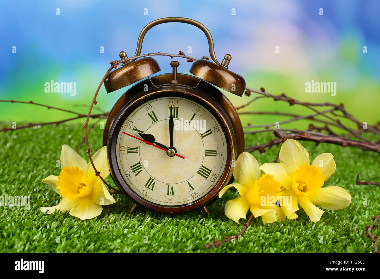 Alarm clock on green grass, on nature background Stock Photo - Alamy