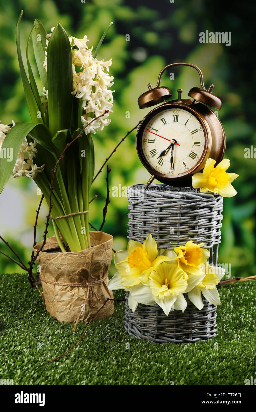 Alarm clock on green grass, on nature background Stock Photo - Alamy