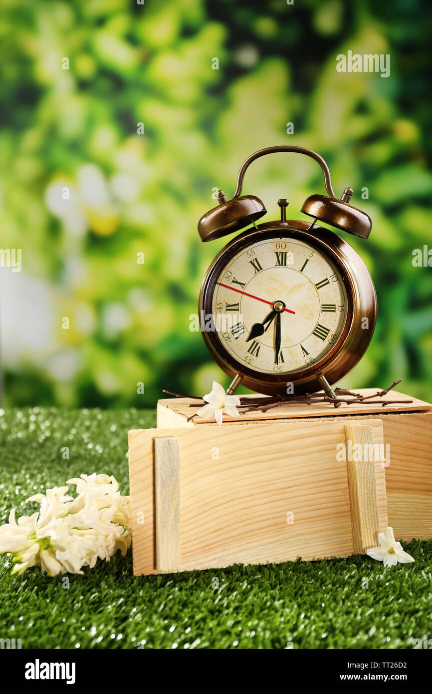 Alarm clock on green grass, on nature background Stock Photo - Alamy