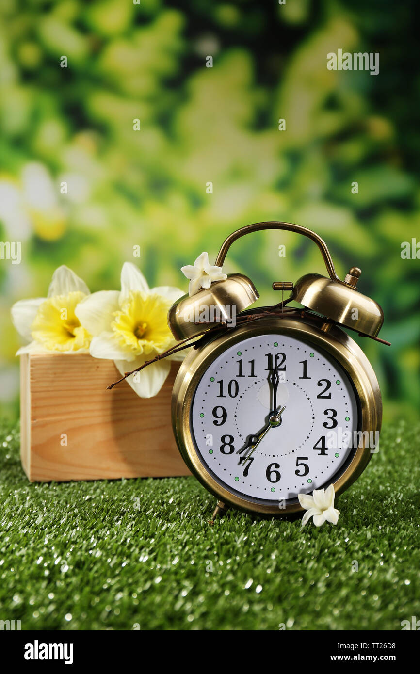 Alarm clock on green grass, on nature background Stock Photo - Alamy