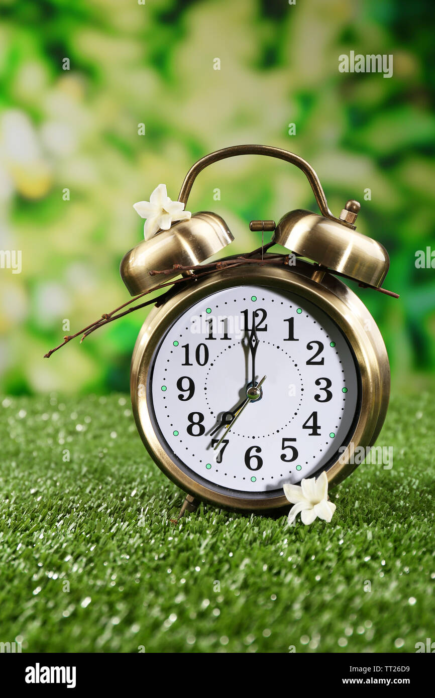 Alarm clock on green grass, on nature background Stock Photo - Alamy