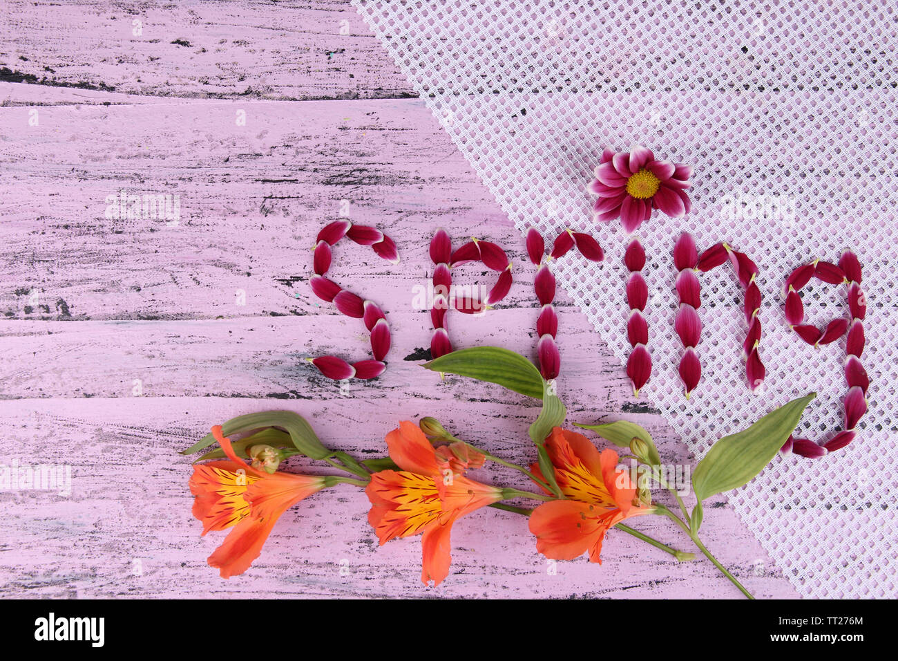 Romantic spring letters made of pink petals, on color wooden background ...