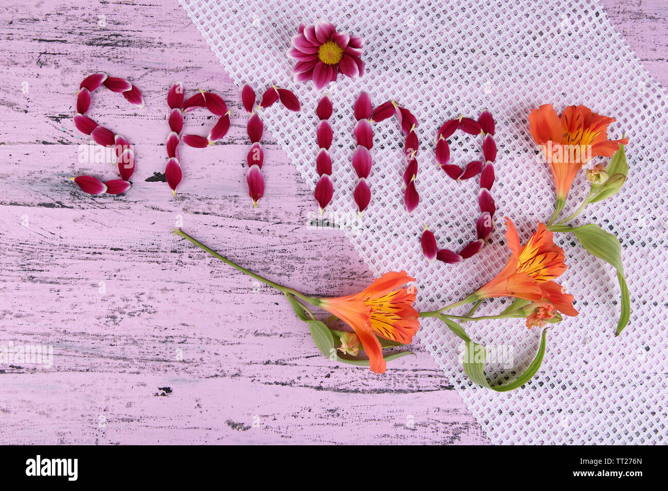 Romantic spring letters made of pink petals, on color wooden background ...