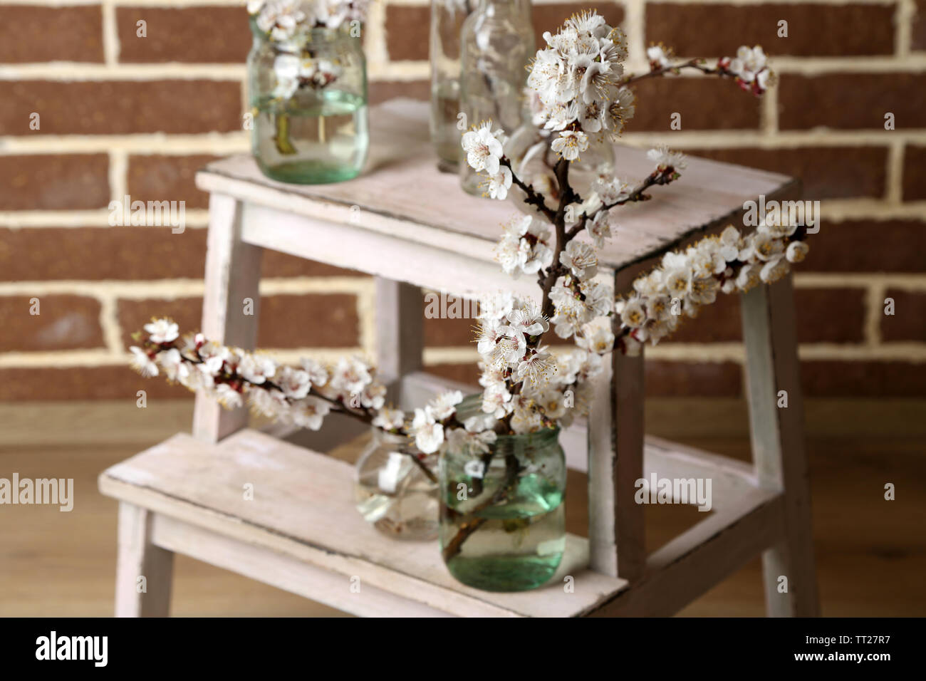 Beautiful apricot blossom in transparent jars on brick wall background ...
