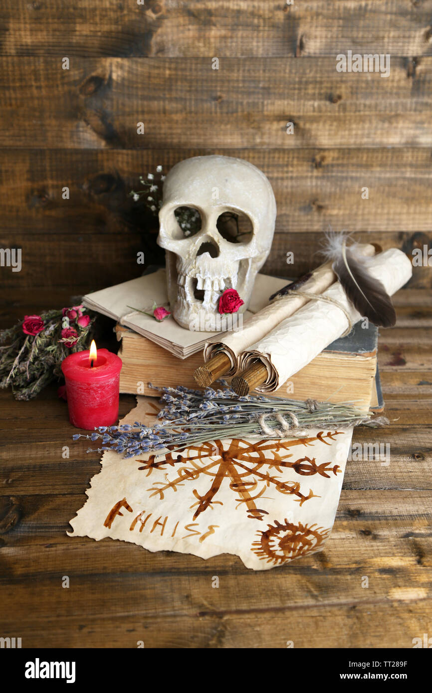 Conceptual photo of love magic. Composition with skull, voodoo doll ...