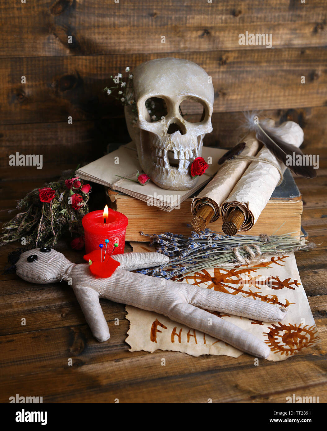 Conceptual photo of love magic. Composition with skull, voodoo doll ...