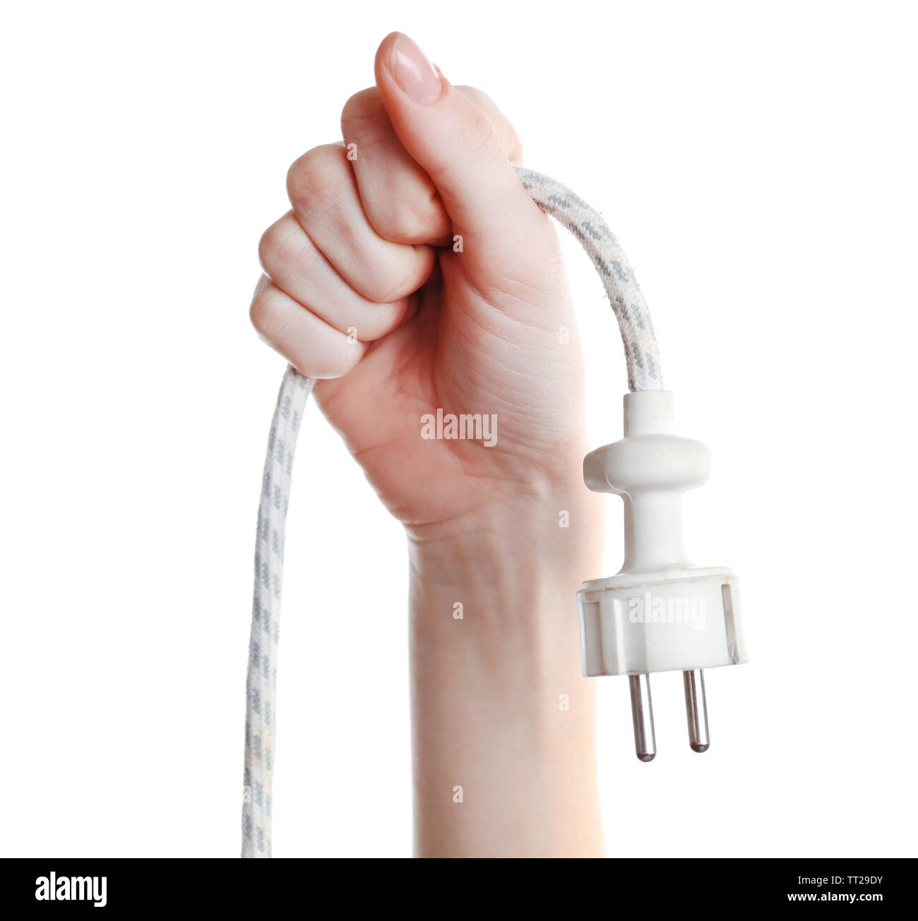 Hand holding electric plug isolated on white Stock Photo - Alamy
