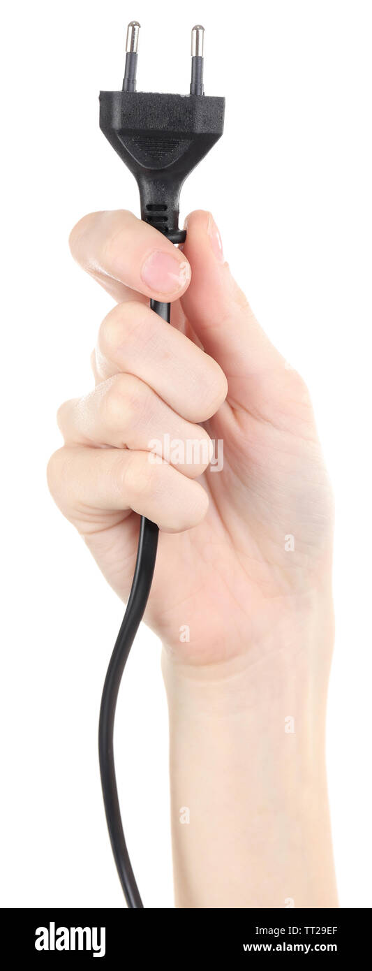 Hand holding electric plug isolated on white Stock Photo - Alamy