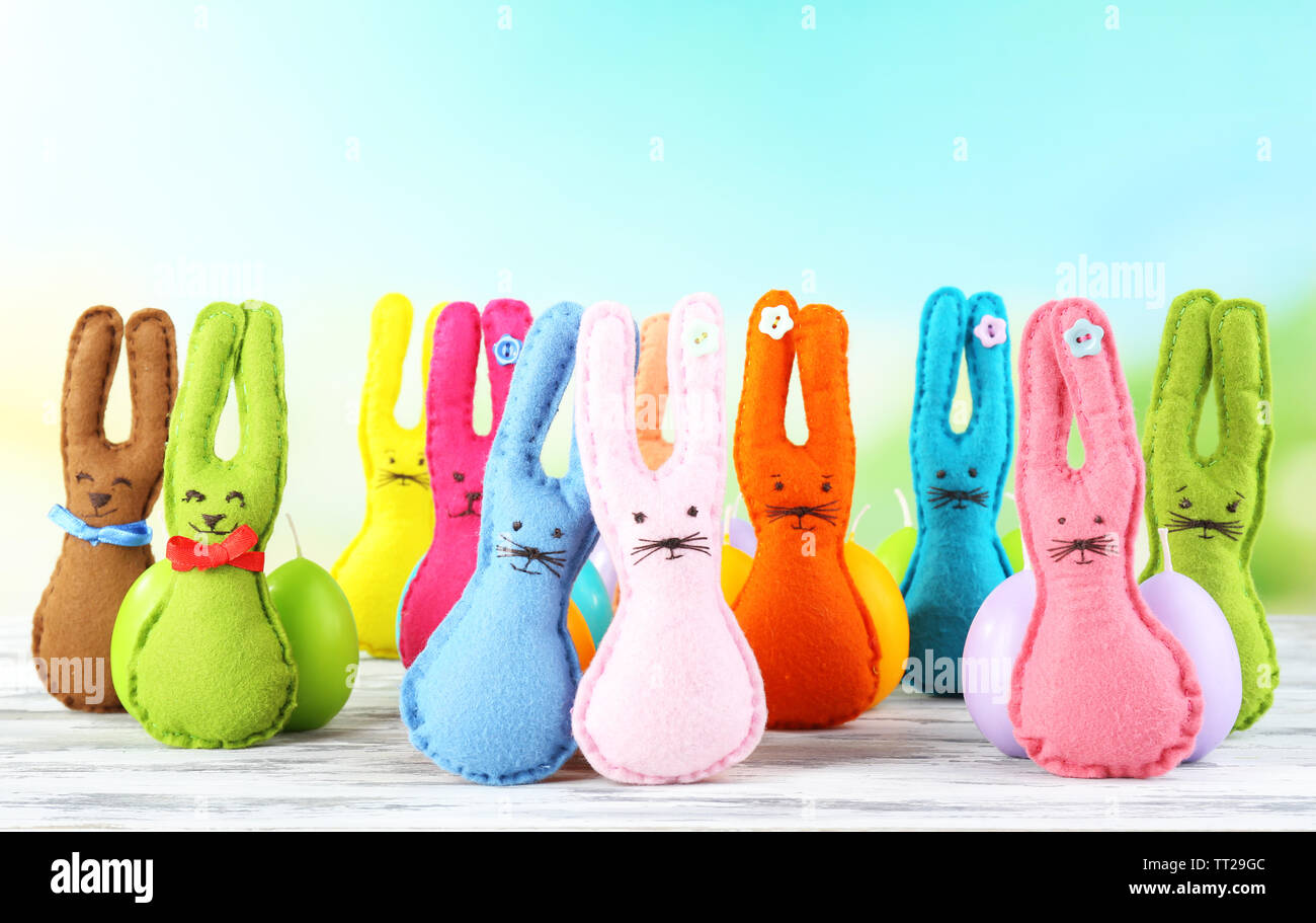 Composition with funny handmade Easter rabbits Stock Photo - Alamy
