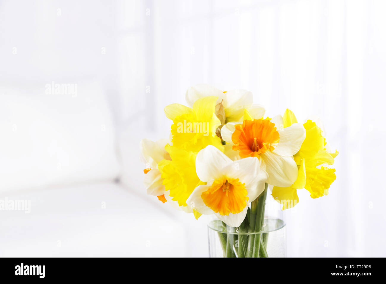 Beautiful spring flowers in vase on home interior background Stock ...