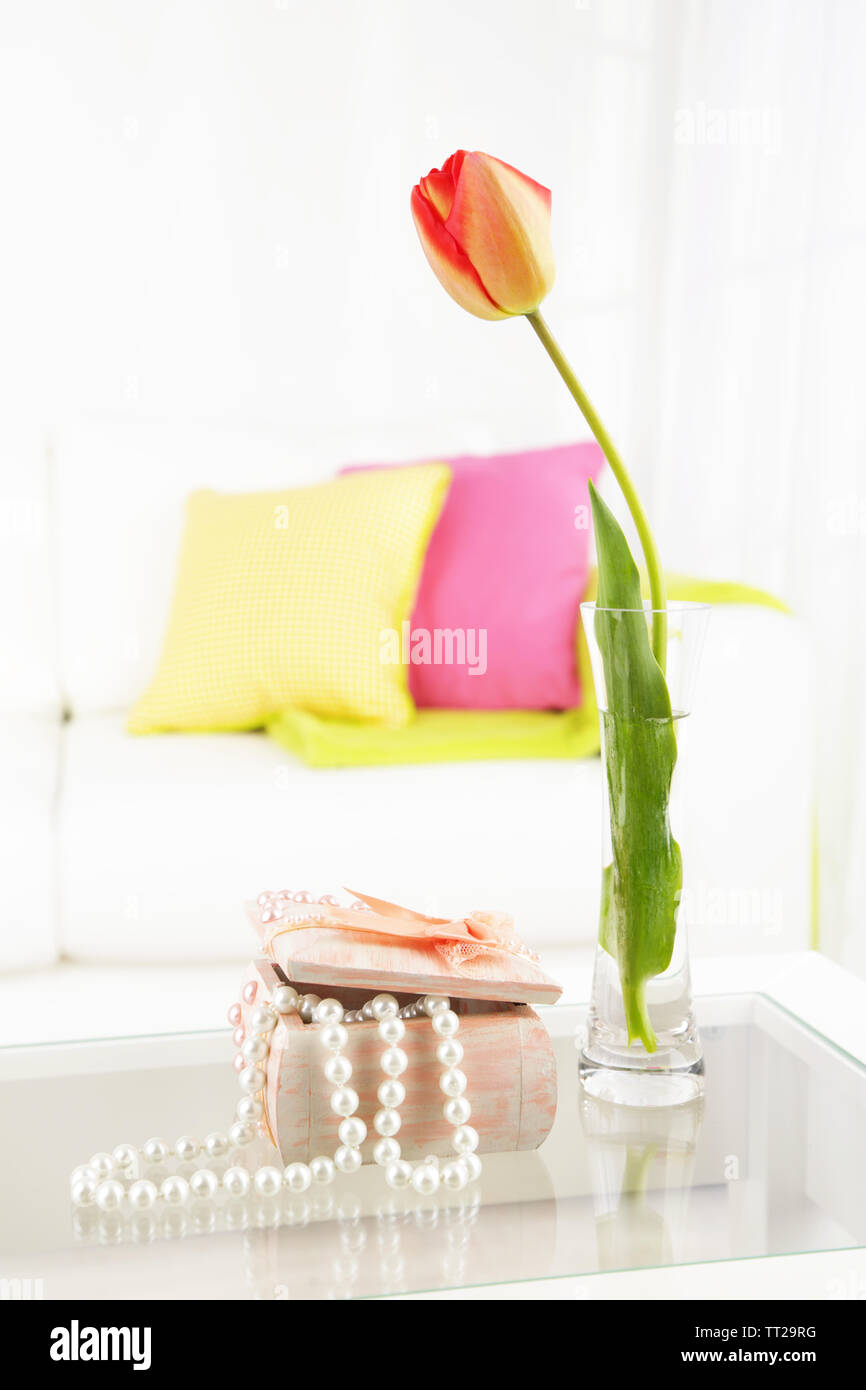 Beautiful spring flowers in vase on home interior background Stock ...