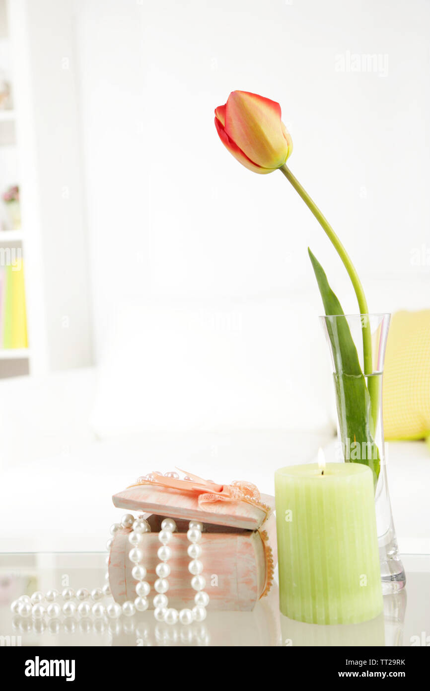 Beautiful spring flowers in vase on home interior background Stock ...