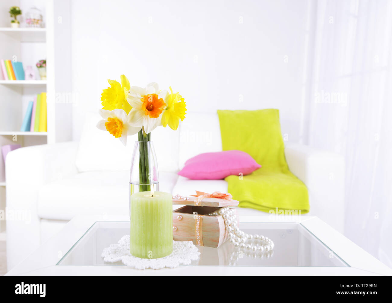 Beautiful spring flowers in vase on home interior background Stock ...