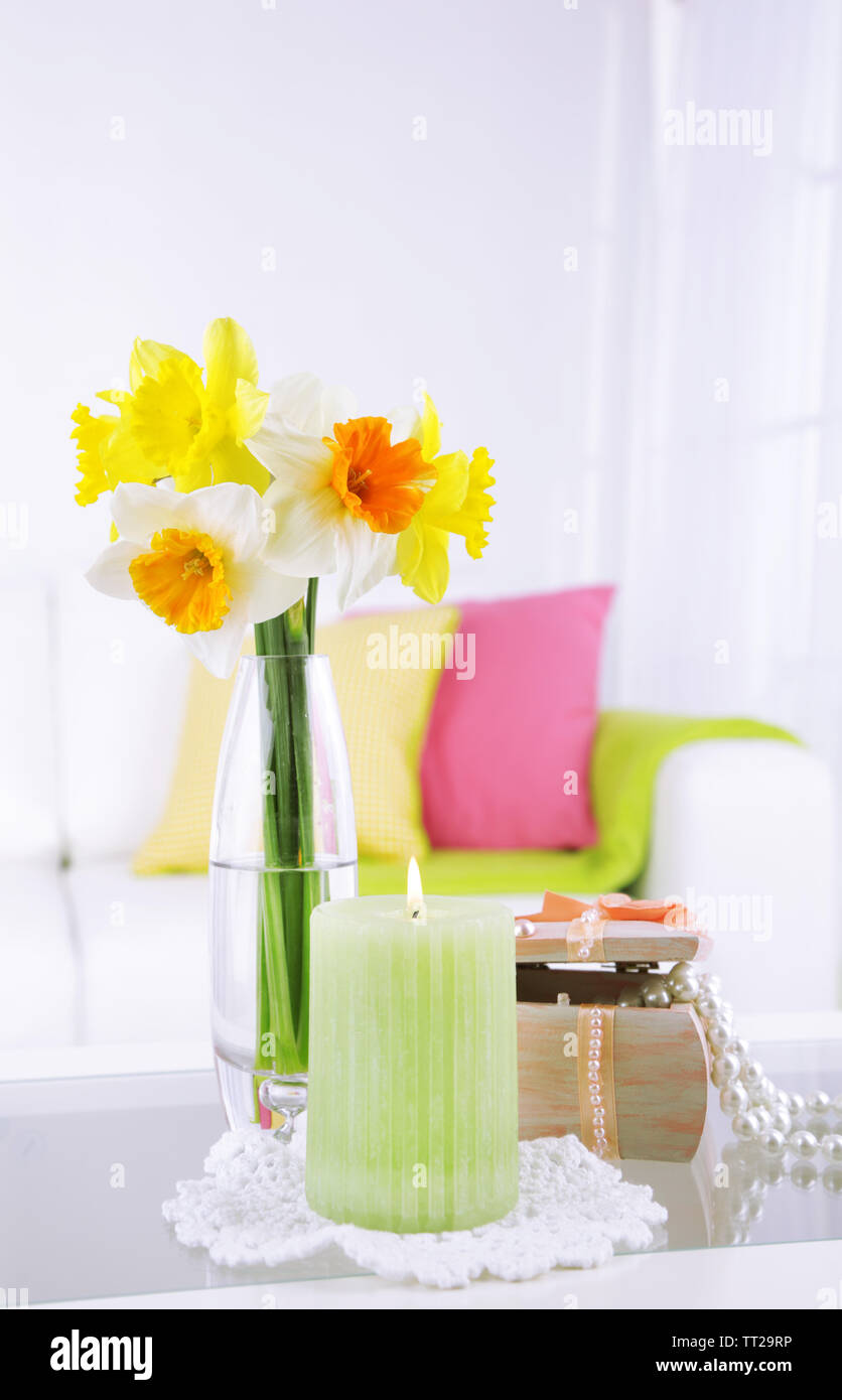Beautiful spring flowers in vase on home interior background Stock ...