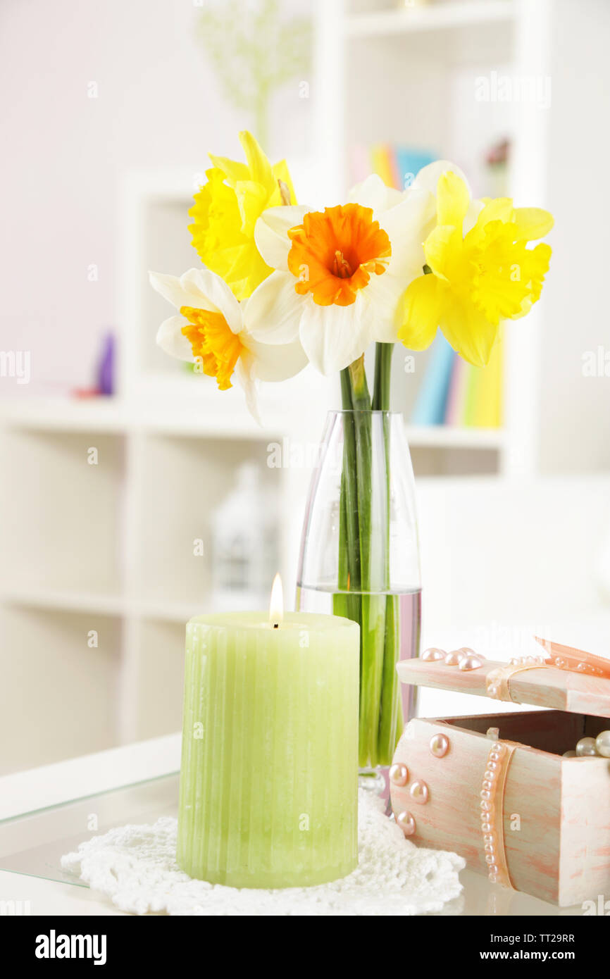 Beautiful spring flowers in vase on home interior background Stock ...