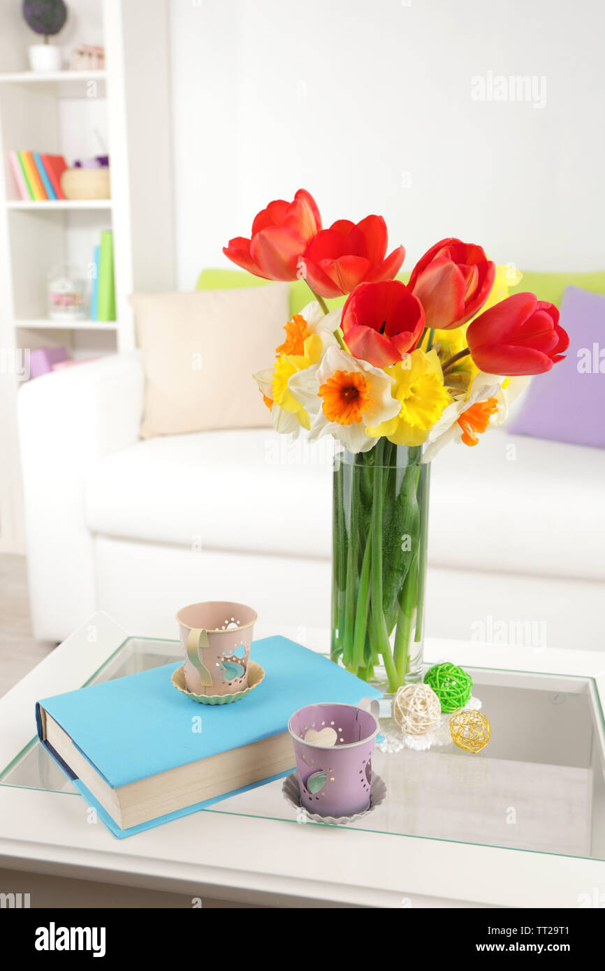 Beautiful spring flowers in vase on home interior background Stock ...