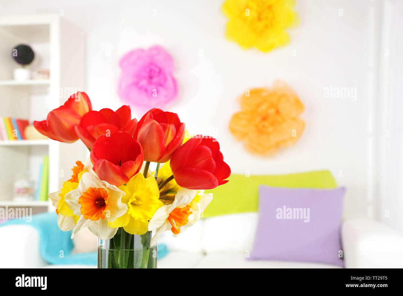 Beautiful spring flowers in vase on home interior background Stock ...