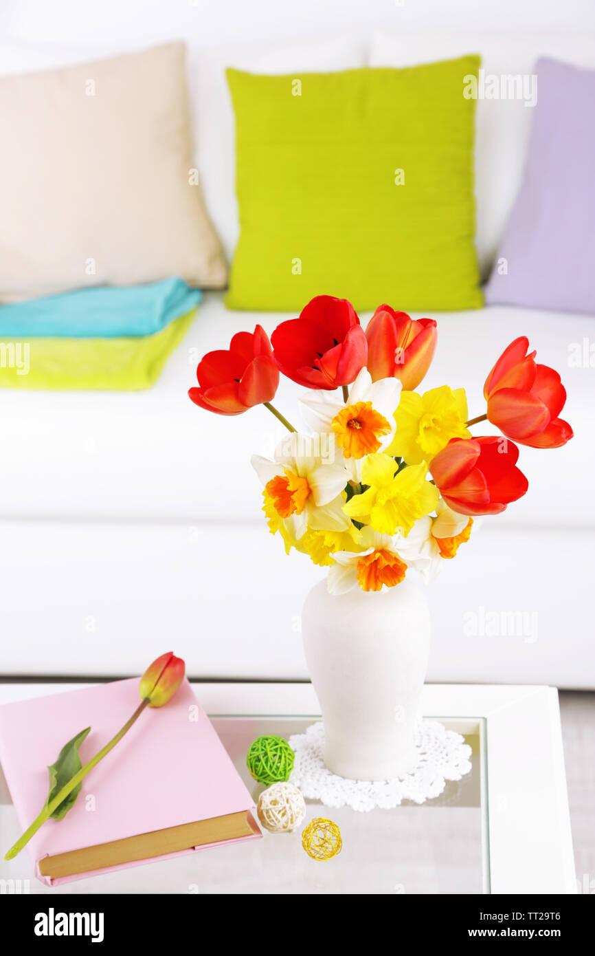 Beautiful spring flowers in vase on home interior background Stock ...
