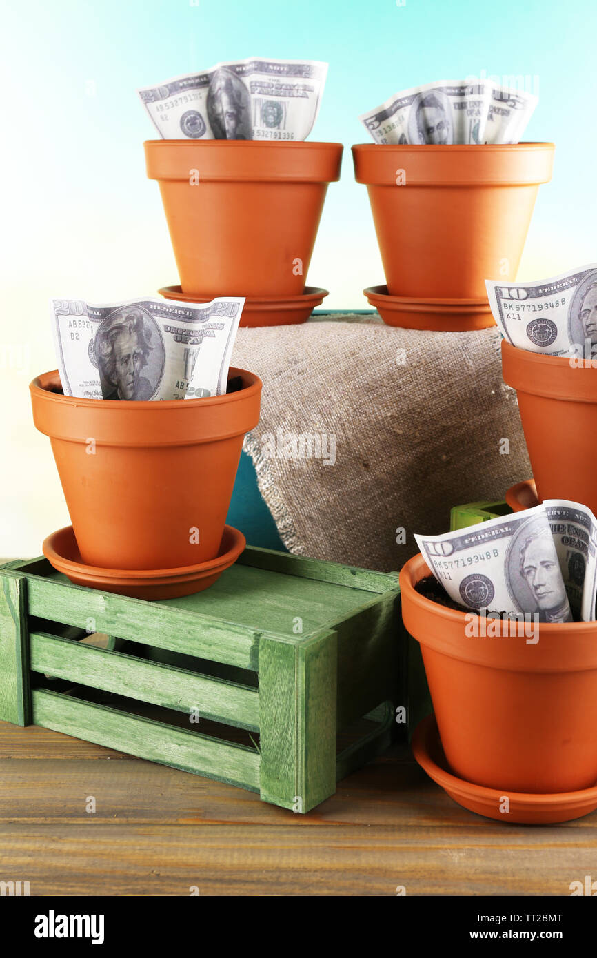 Business concept: growing money in the flowerpots on nature background ...