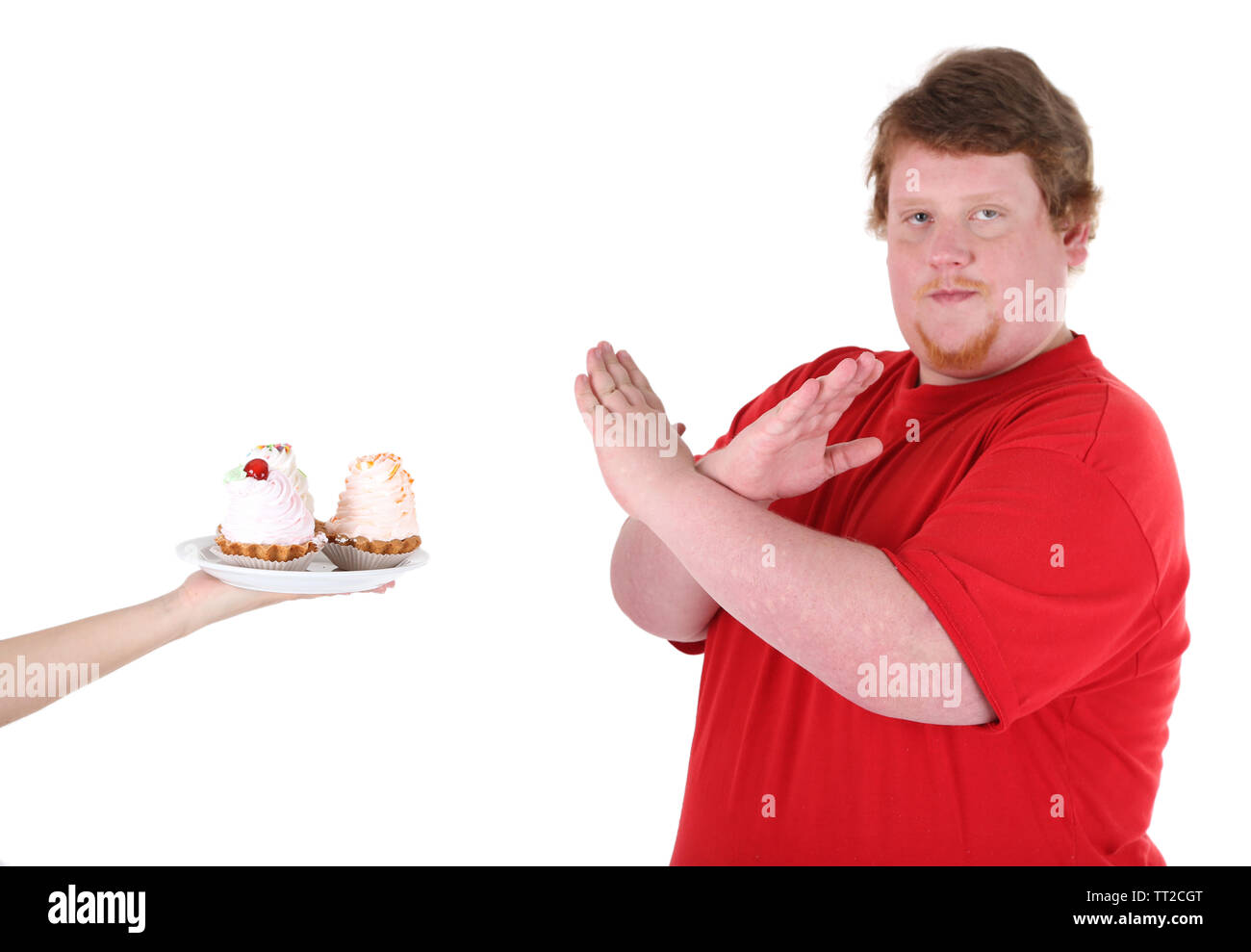Fat man with creamy cake isolated on white Stock Photo - Alamy